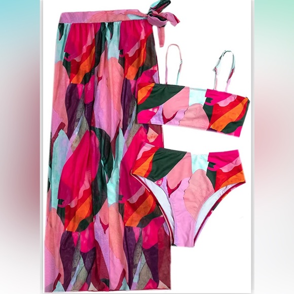 Swim | Color Block High Waisted 3 Piece Swimsuits Bikini Set With Skirt ...